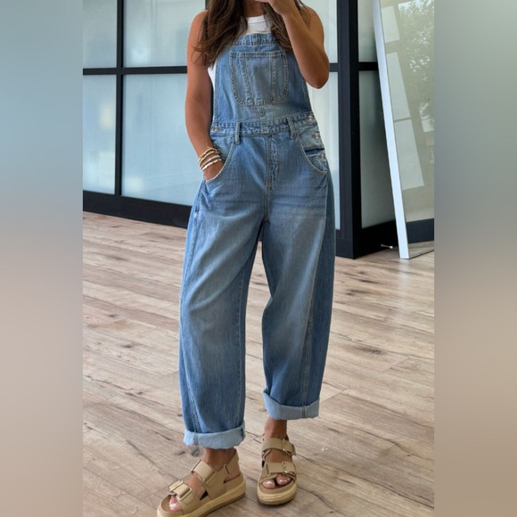 Jeans | New Barrel Leg Blue Denim Overalls Large | Poshmark